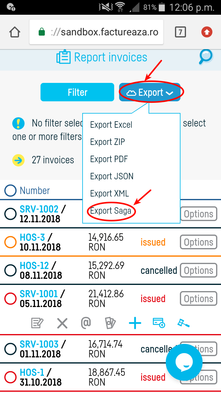 How do I export an invoice to SAGA?