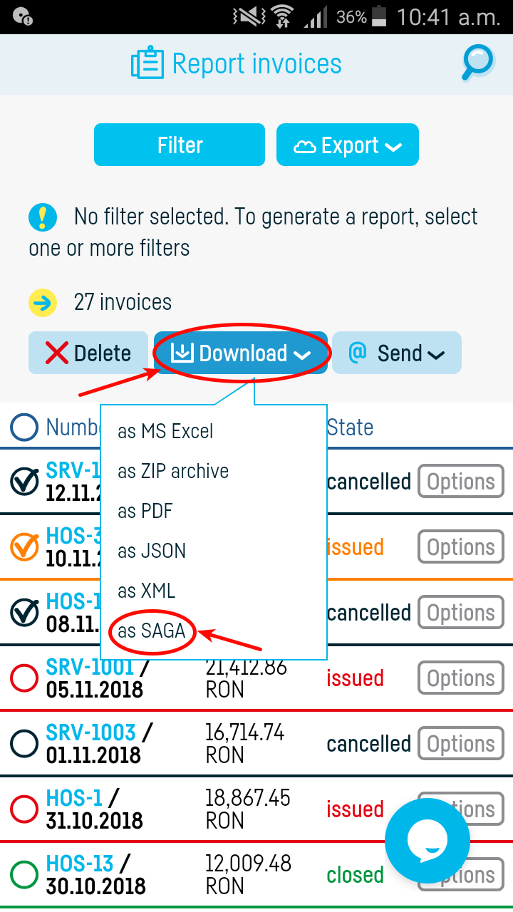 How do I export an invoice to SAGA?